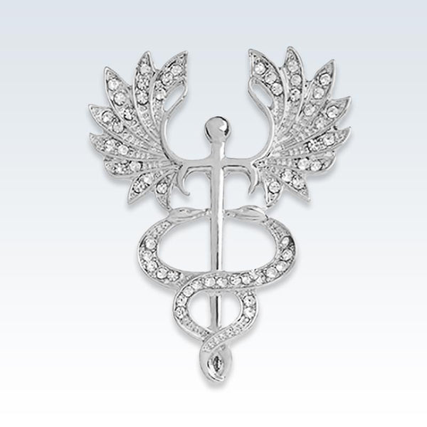 Big Wing Caduceus Silver and Crystal Lapel Pin | ClinicalPosters