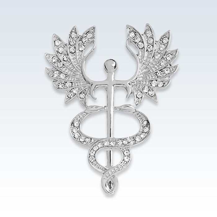 Big Wing Caduceus Silver and Crystal Lapel Pin | ClinicalPosters