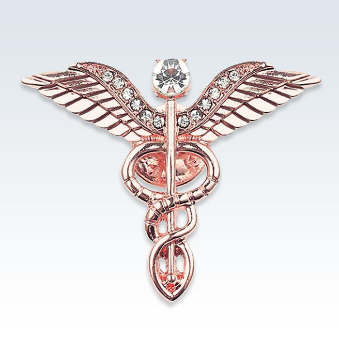 Doctors Winged Caduceus Rose Gold Lapel Pin | ClinicalPosters